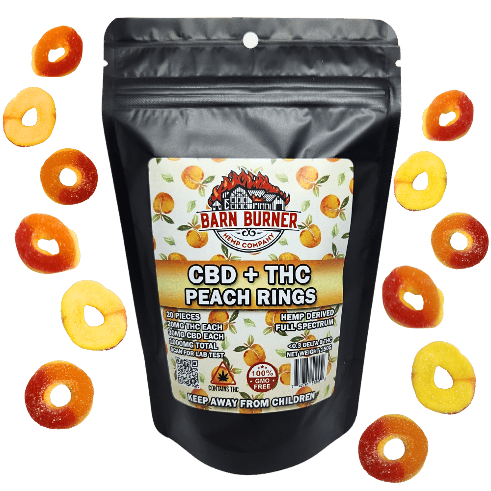 Experience CBD + THC Peach Rings| Barn Burner Hemp Co. Experience CBD + THC Peach Rings| Barn Burner Hemp Co.